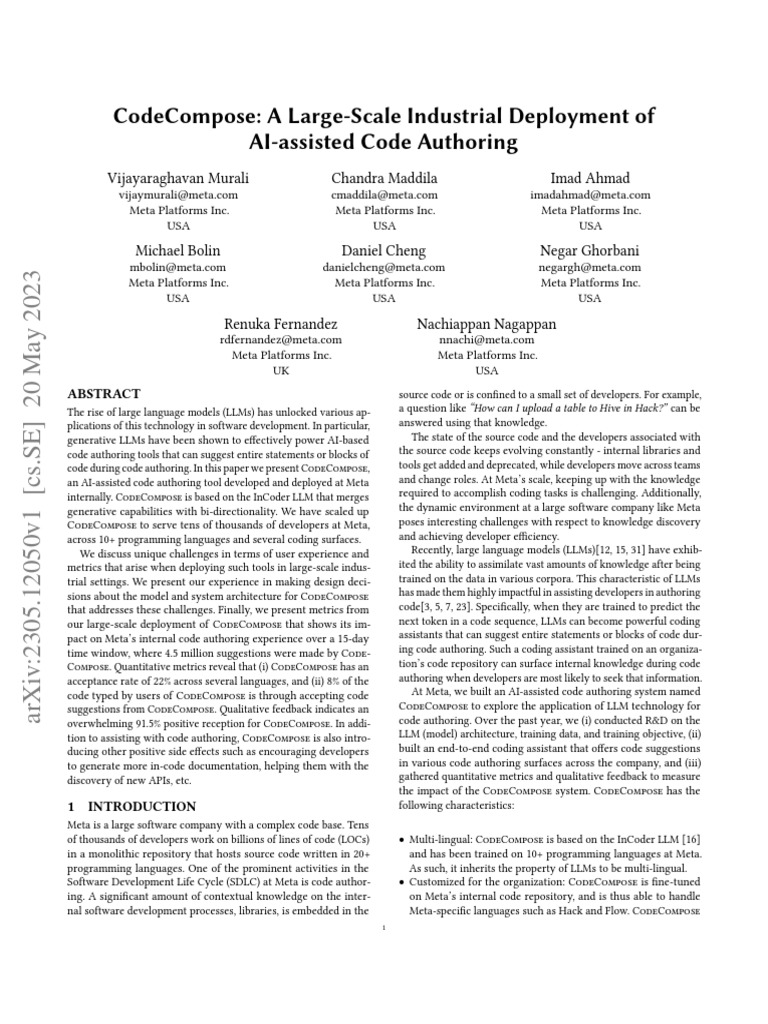 CodeCompose - A Large-Scale Industrial Deployment of AI-assisted Code Authoring | PDF | Metadata ...