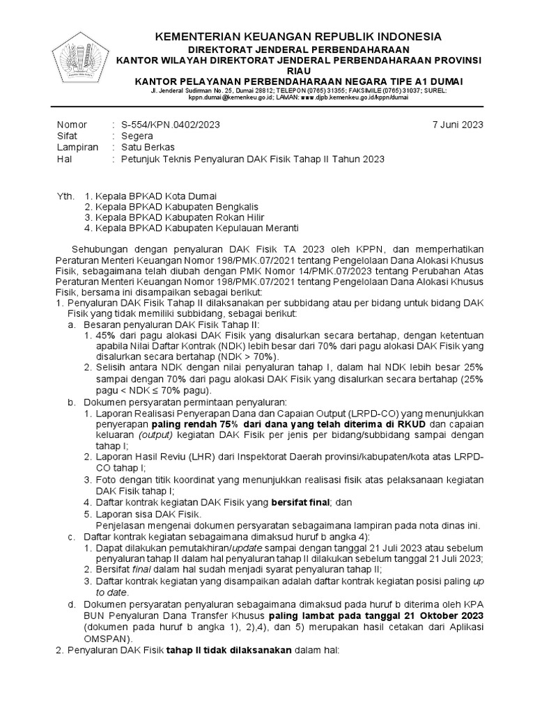 Petunjuk Teknis Penyaluran DAK Fisik Tahap II Tahun 2023 | PDF ...