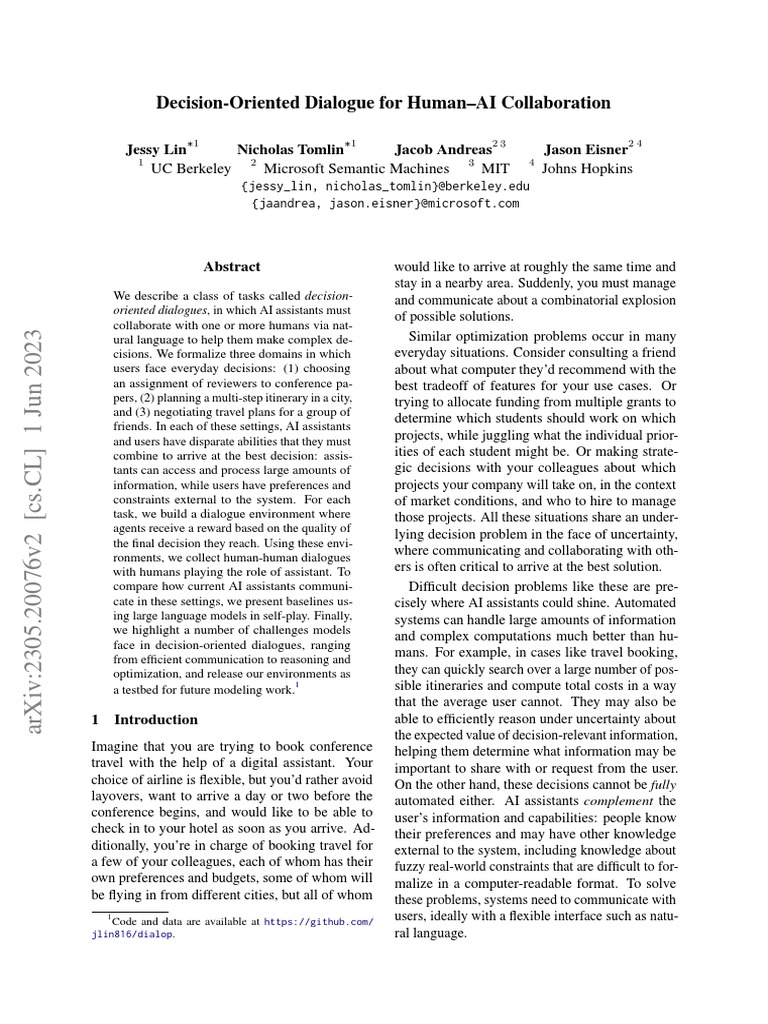 Decision Oriented Dialogue For Human Ai Collaboration Pdf Artificial Intelligence