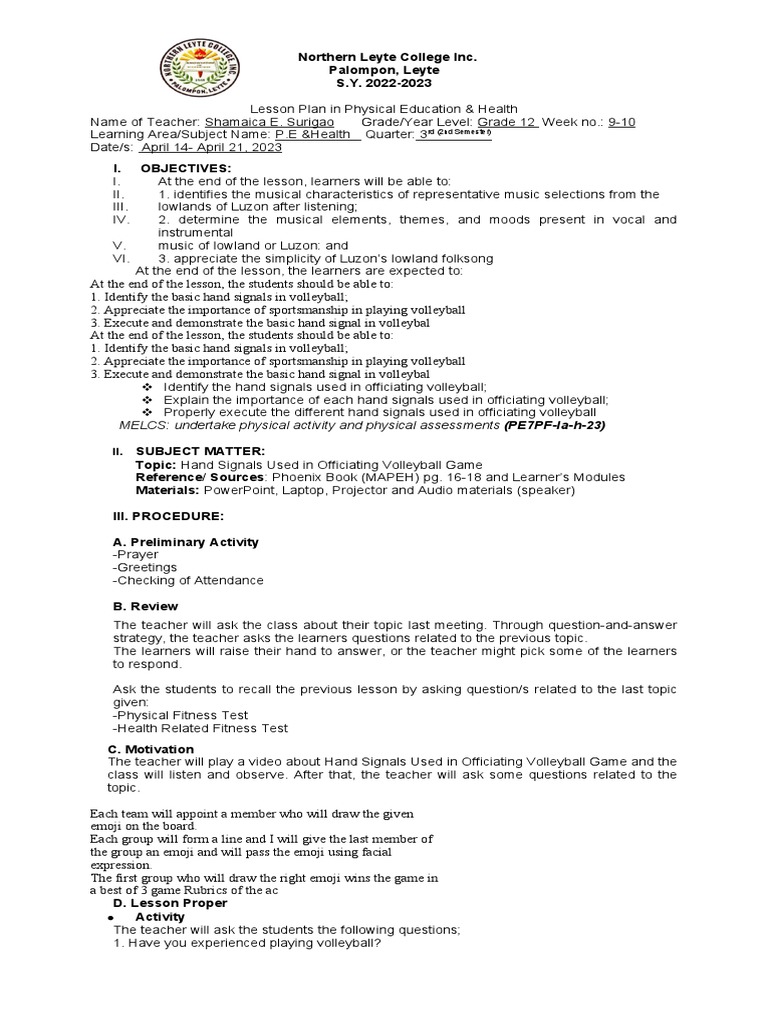 Grade 12 PE Lesson Plan: Volleyball Signals | PDF | Learning | Teachers
