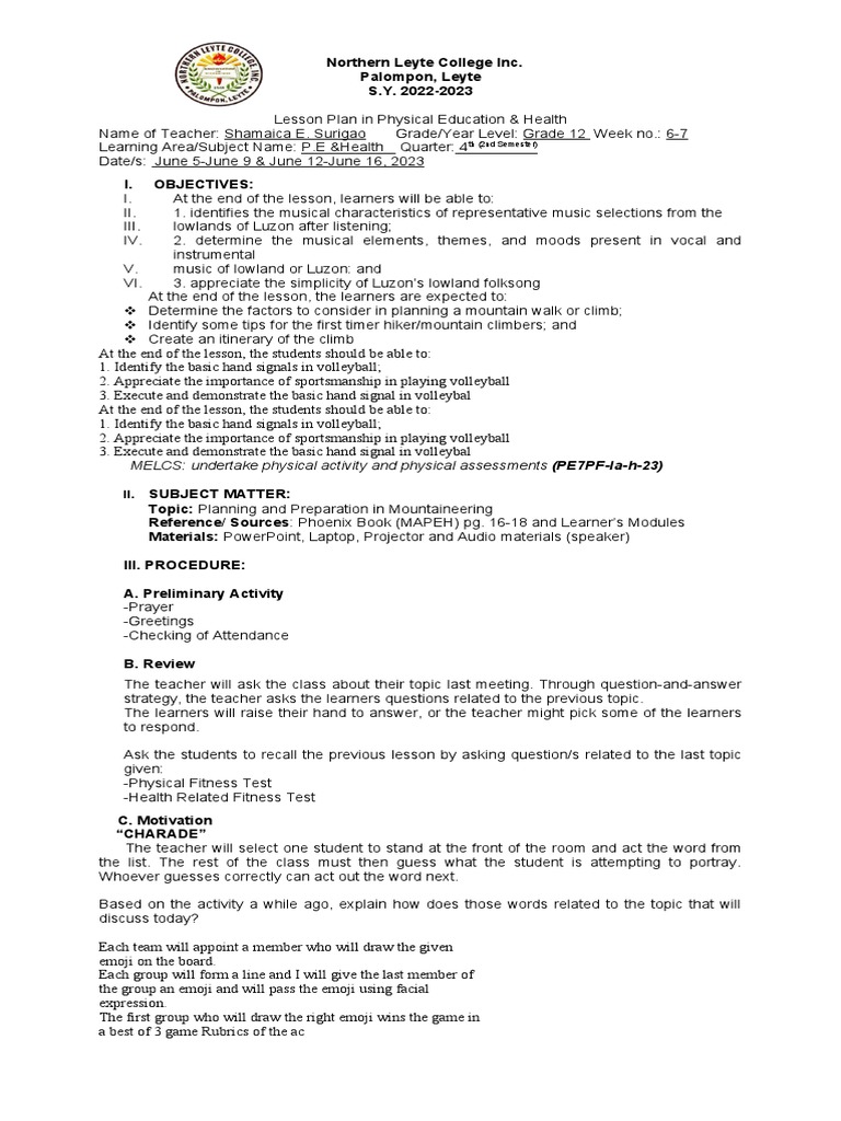 Hiking Lesson Plan for Grade 12 | PDF | Hiking | Lesson Plan