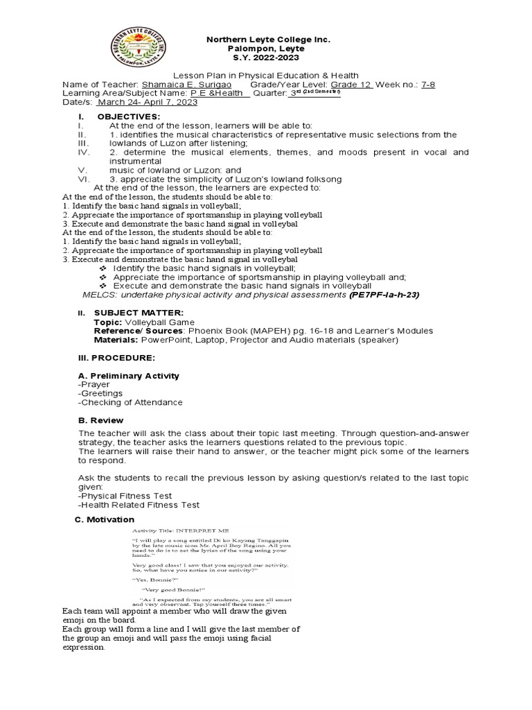 Lesson Plan Pe & Health 12 | Download Free PDF | Lesson Plan | Pedagogy