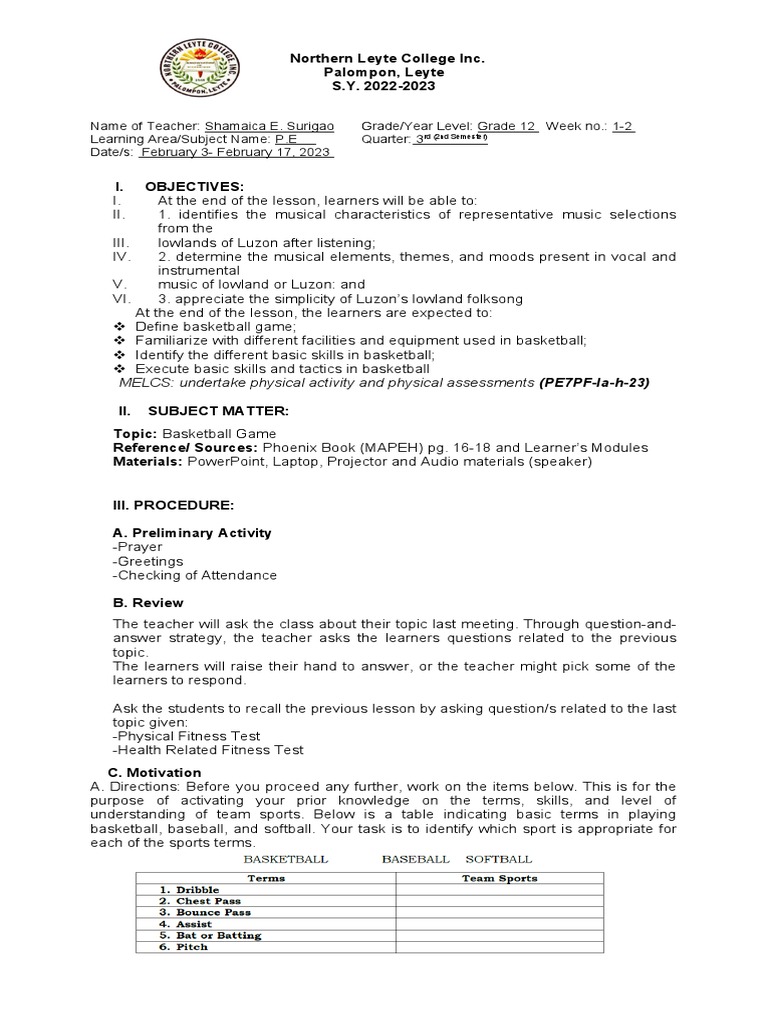 Lesson Plan Pe & Health 12 | PDF | National Basketball Association ...