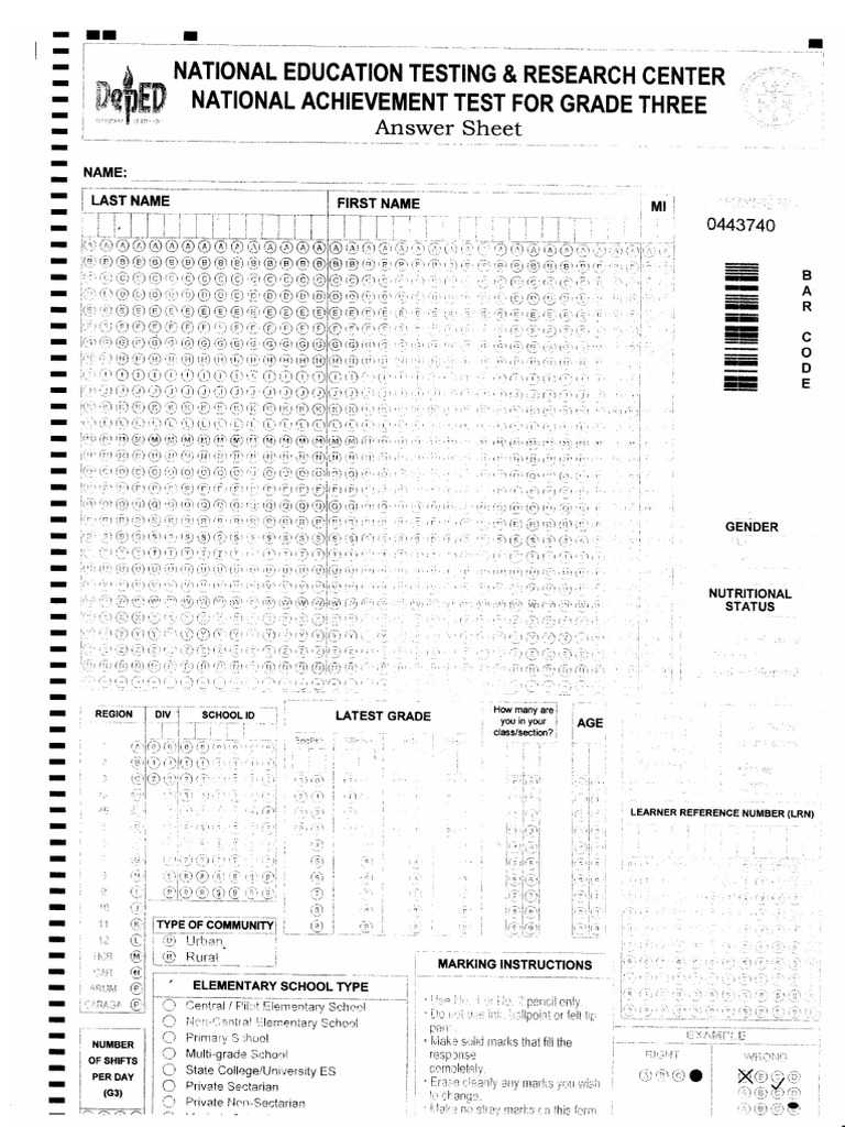 Grade 6 NAT Answer Sheet Template | PDF