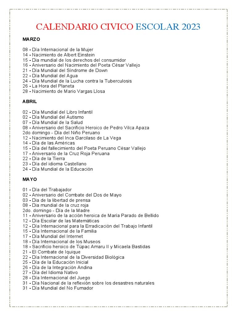 Copia de CALENDARIO CÍVICO | PDF | Perú | América del Sur