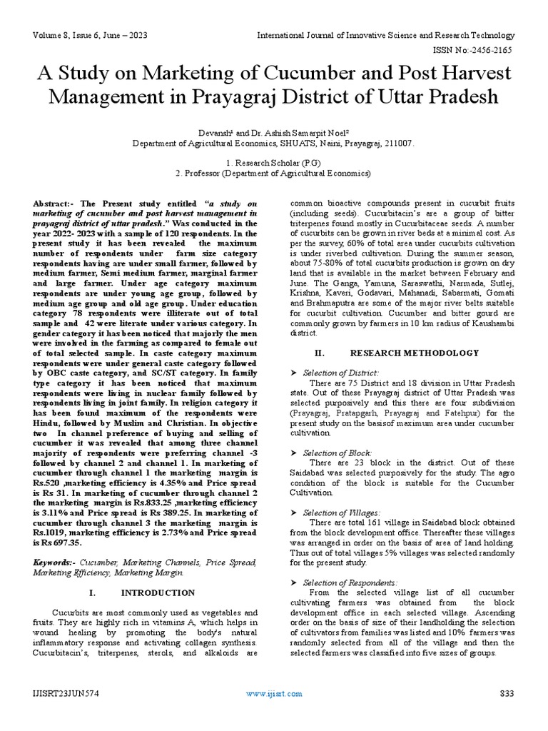 A Study On Marketing of Cucumber and Post Harvest Management in Prayagraj District of Uttar ...