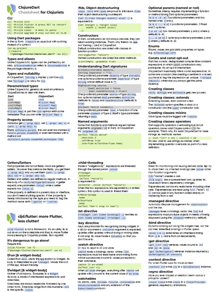 Clojuredart Cheatsheet Pdf Programming Constructor Object Oriented Programming