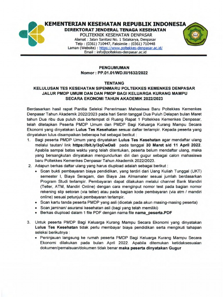 Pengumuman Hasil Tes Kesehatan PMDP | PDF