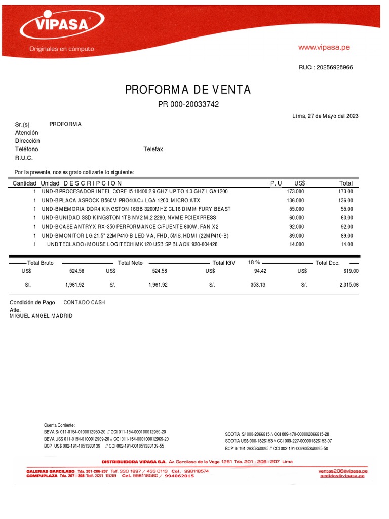 Proforma de Venta-0002-0033742 | PDF | Ciencias de la Computación ...