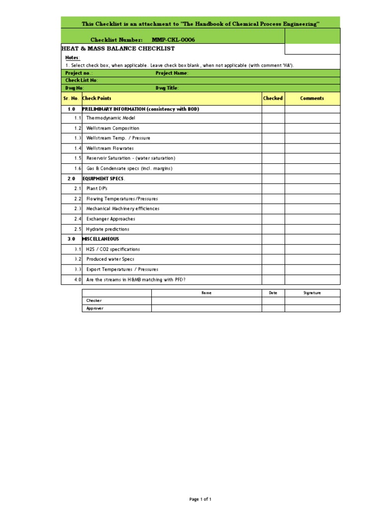 Heat & Mass Balance Checklist | PDF