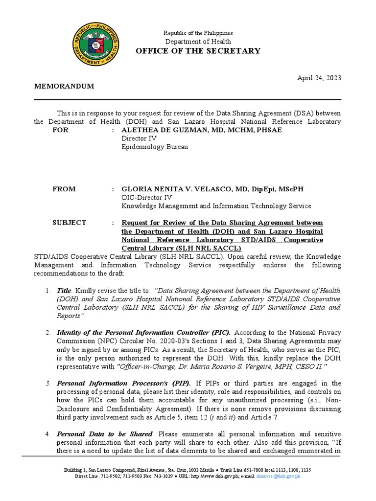 Response Memo - DSA Bet. DOH and SLH | PDF | Privacy | Data