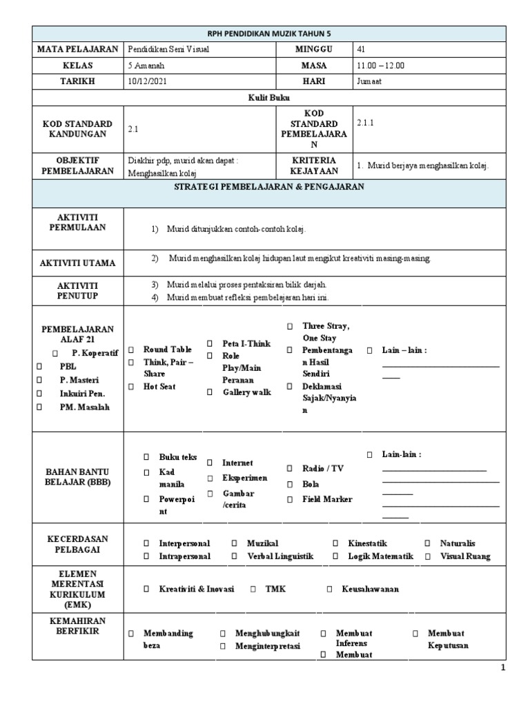 RPH Pend PSV Tahun 5 KSSR M12 | PDF