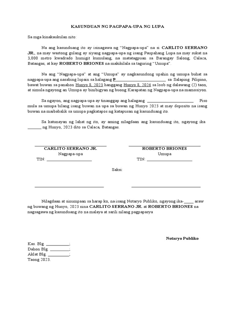 Kasunduan NG Pagpapa-Upa NG Lupa | PDF