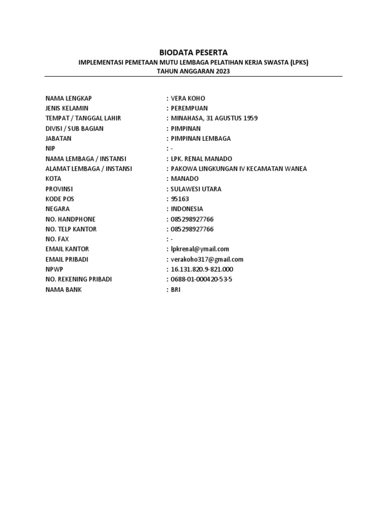 Biodata Vera Koho, Pimpinan LPKS Manado | PDF