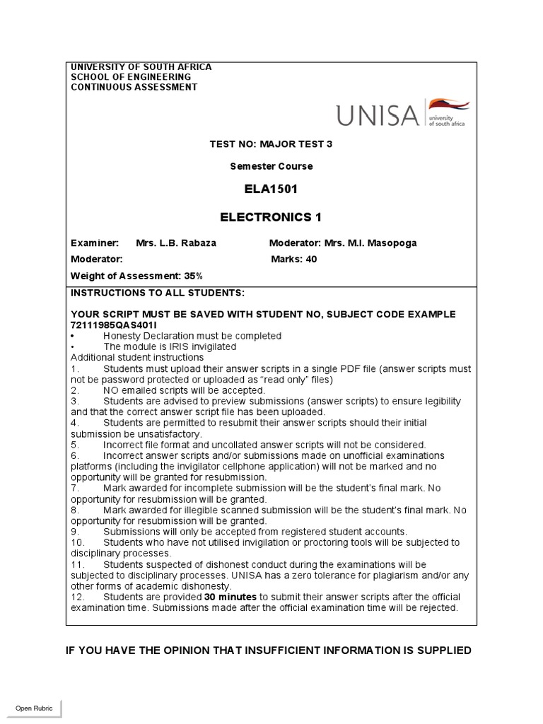 ELA1501-2023-S1 - Major Test 3 | PDF | Electrical Impedance | P–N Junction
