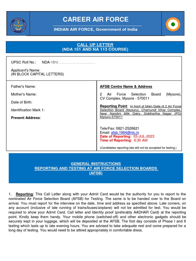 NDA SSB Call Letter Instructions 2023 | PDF | Identity Document | Clothing