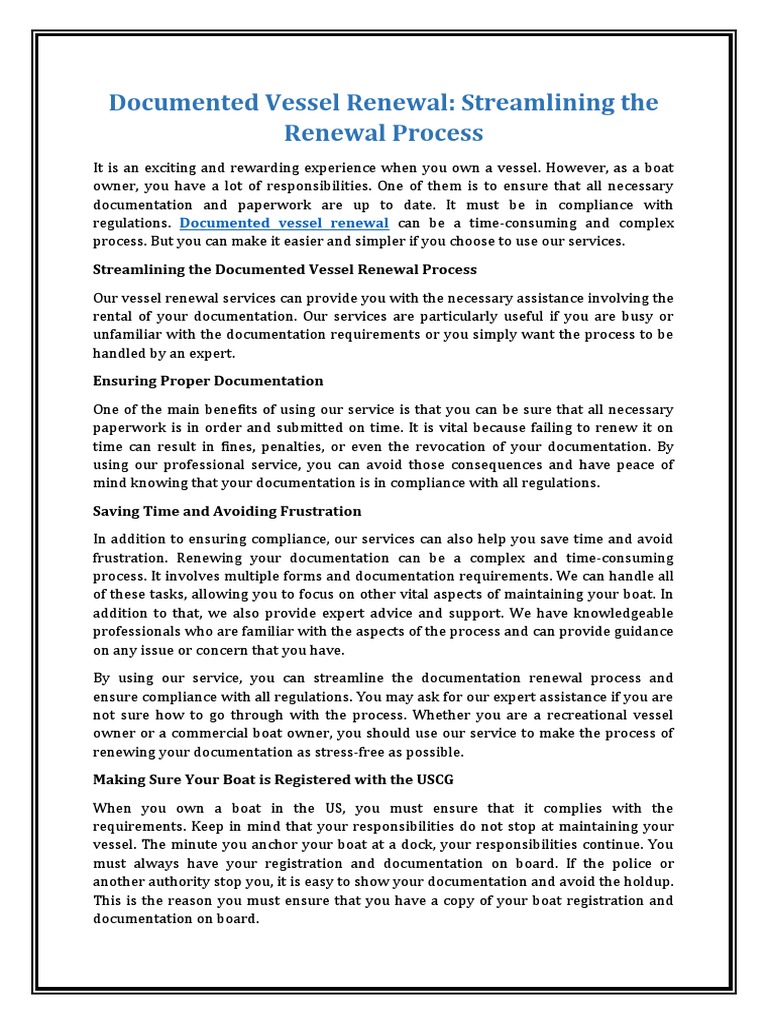 Documented Vessel Renewal Streamlining The Renewal Process | PDF