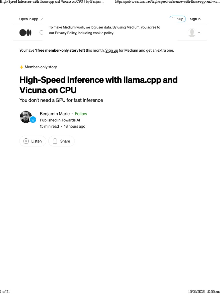 High-Speed Inference With Llama - CPP and Vicuna On CPU by Benjamin Marie Jun, 2023 Towards AI ...