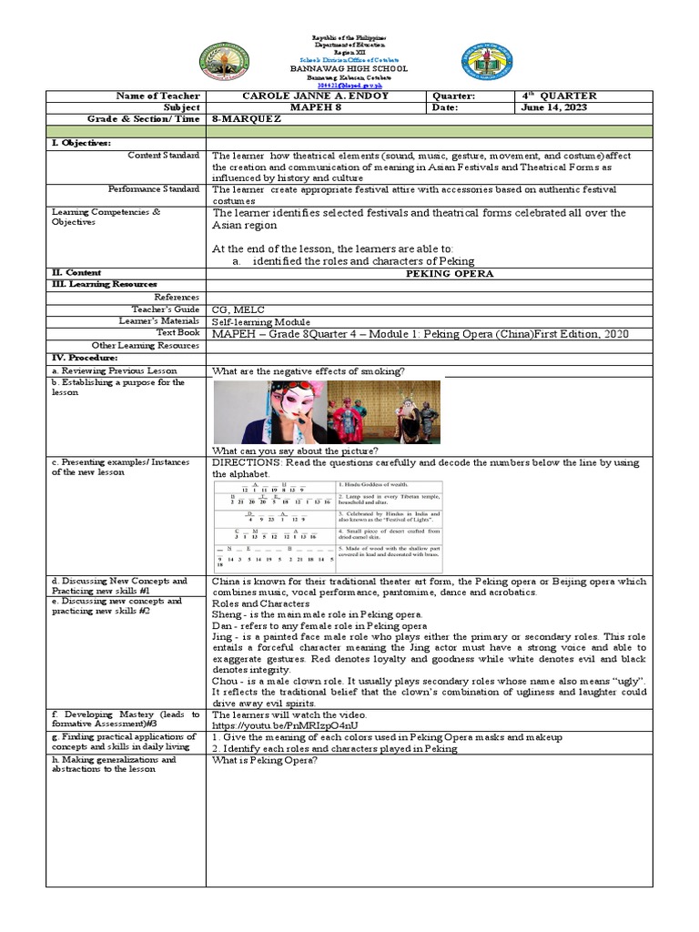 Daily Lesson Plan in Mapeh 8 Arts 1 | PDF | Learning | Cognition