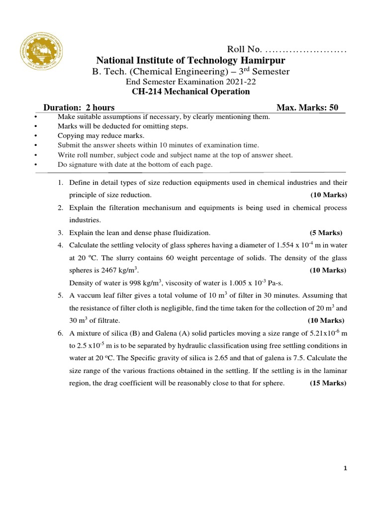 MO End-Sem Question Paper - 2021 | PDF | Filtration | Density