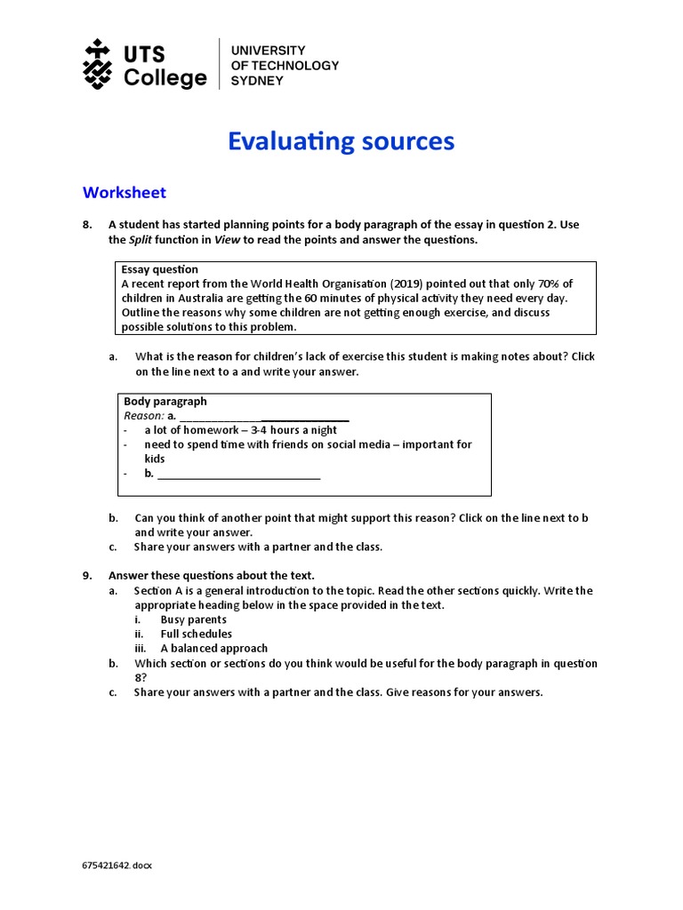 AE3.1 Evaluating Sources - Worksheet | PDF | Physical Fitness