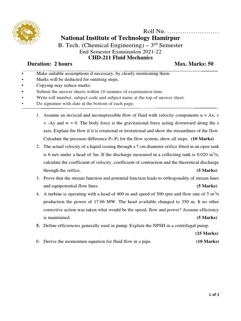 FM End-Sem Question Paper - 2021 | PDF | Fluid Dynamics | Pump FM End-Sem Question Paper - 2021 | PDF | Fluid Dynamics | Pump