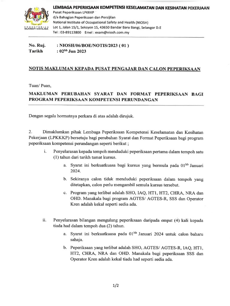 BOE NotisMakluman PerubahanSyaratPeperiksaan-2024 2.6.2023 | PDF