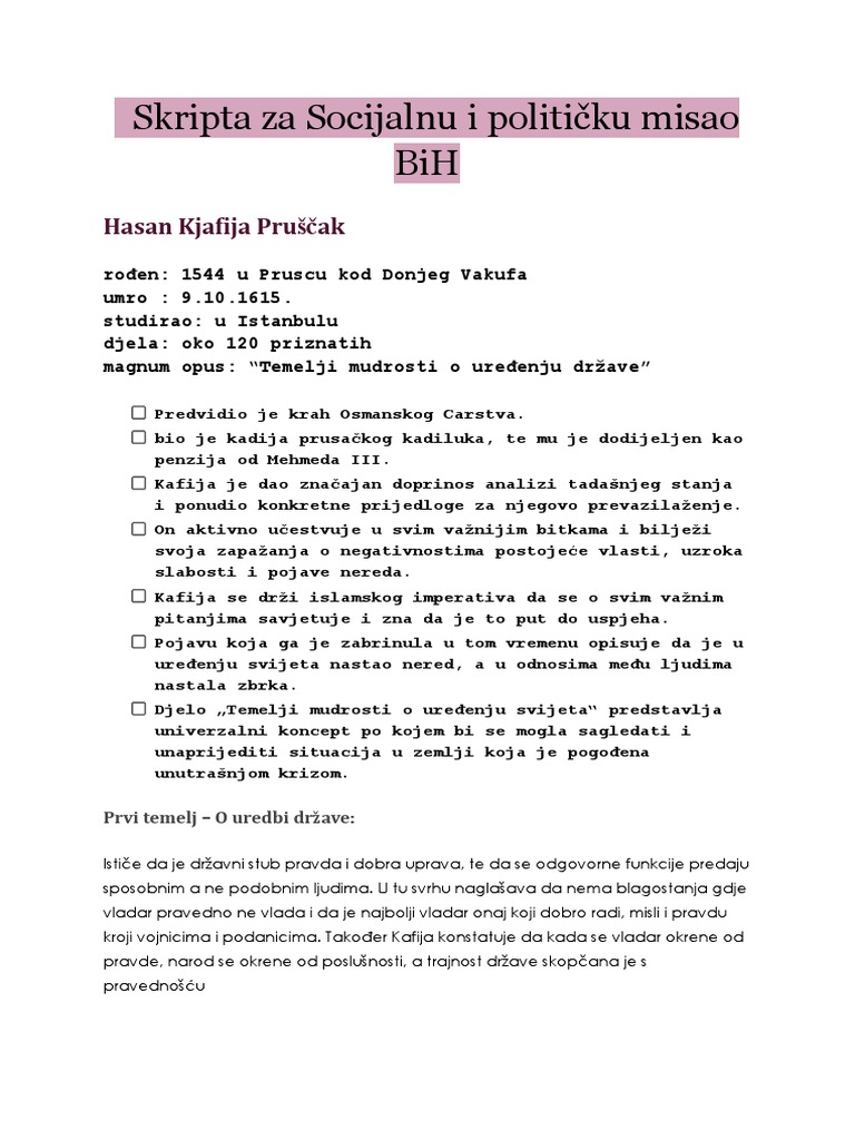 Skripta Za Socijalnu I Politcku Misao BiH | PDF