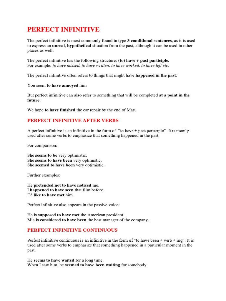 Perfect Infinitive | PDF | Verb | Perfect (Grammar)