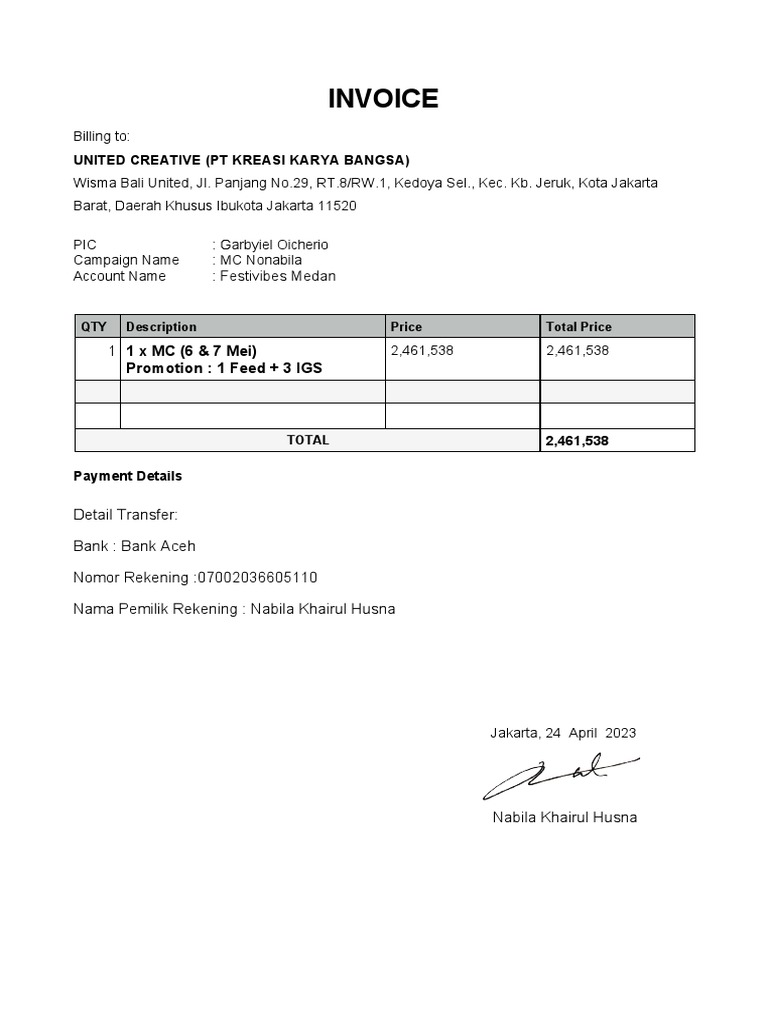 INVOICE - MC Nonabila - Festivibes Medan | PDF