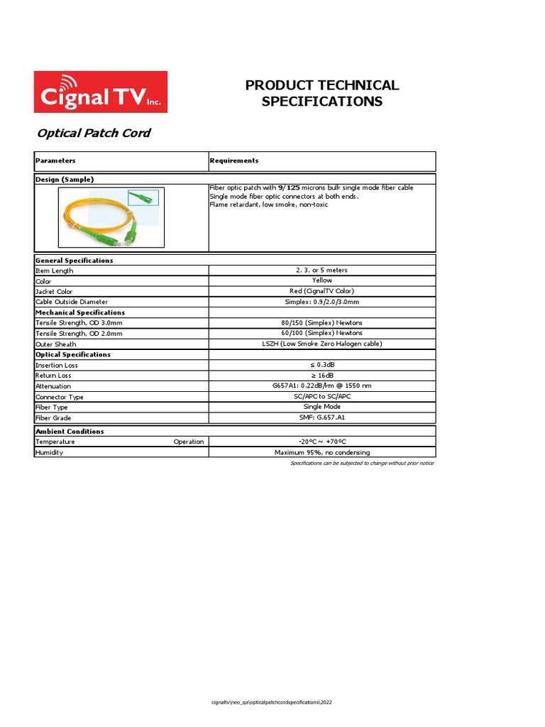 Optical Patch Cord Technical Specifications | PDF