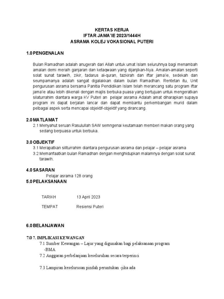 Kertas Kerja Iftar Jamaie | PDF