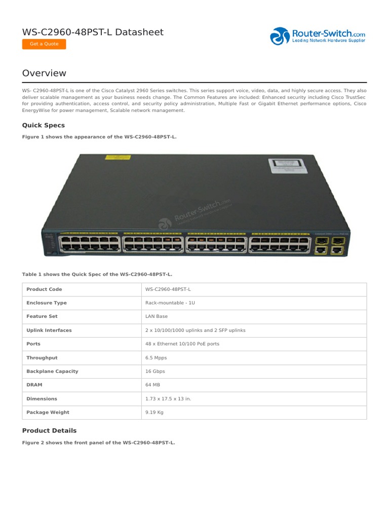 Cisco Catalyst 2960 48pst L Routers Switch | PDF | Ethernet | Network ...