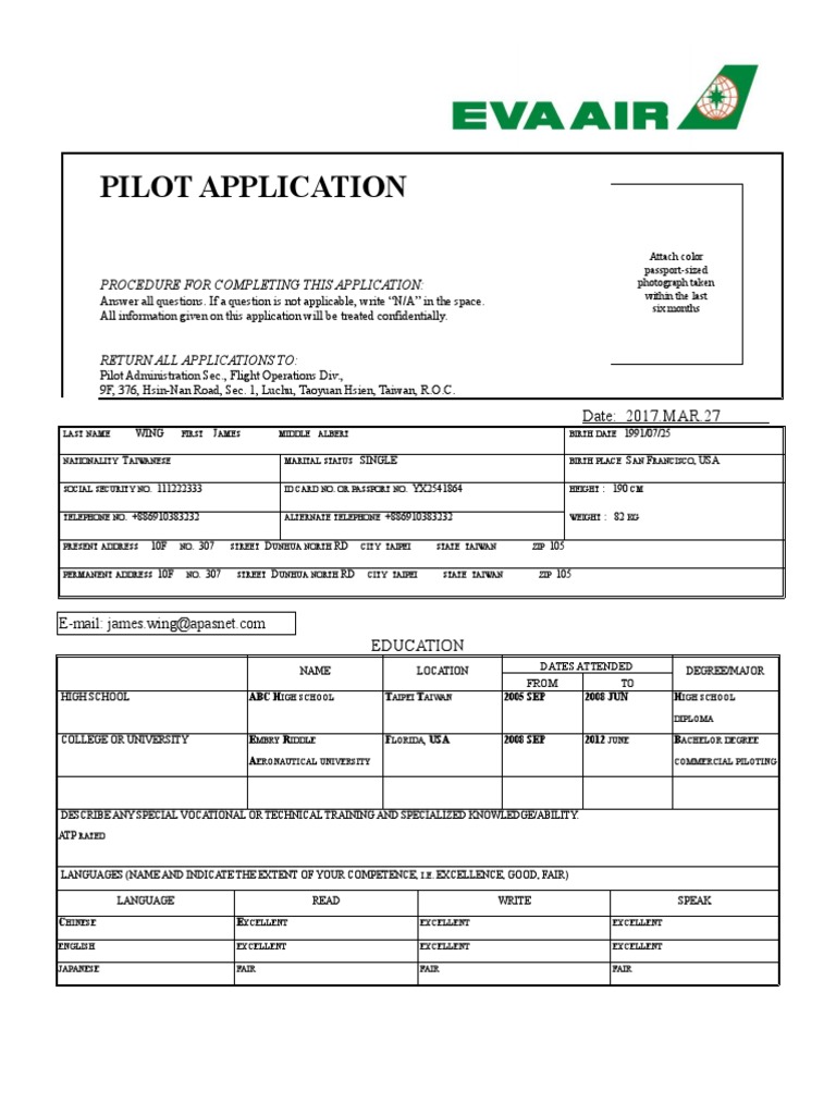 EVA Air Pilot Application Form | PDF | Aviation | Transport