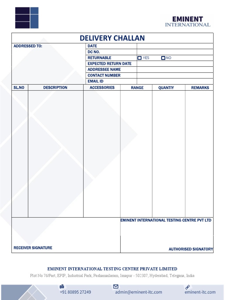 Delivery Challan Template for Eminent Testing | PDF
