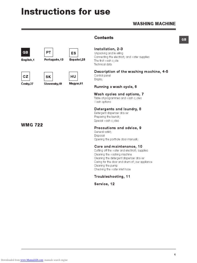 Ariston WMG 722 Instructions | PDF | Washing Machine | Ac Power Plugs And Sockets