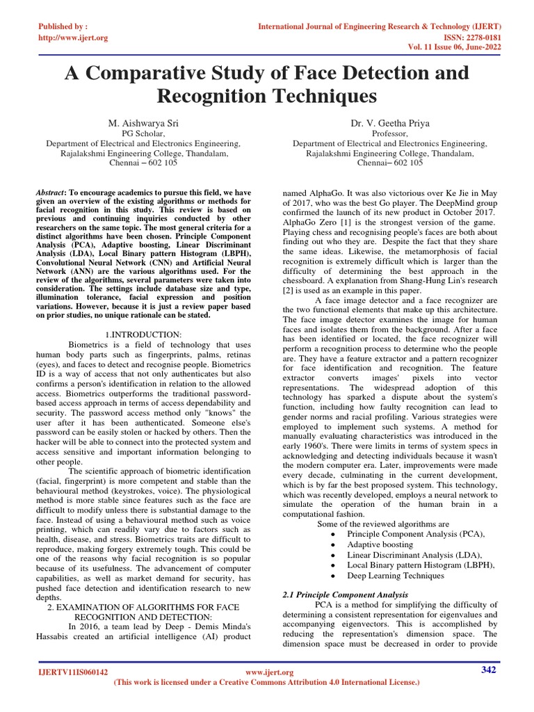 A Comparative Study of Face Detection and Recognition Techniques IJERTV11IS060142 | Download ...
