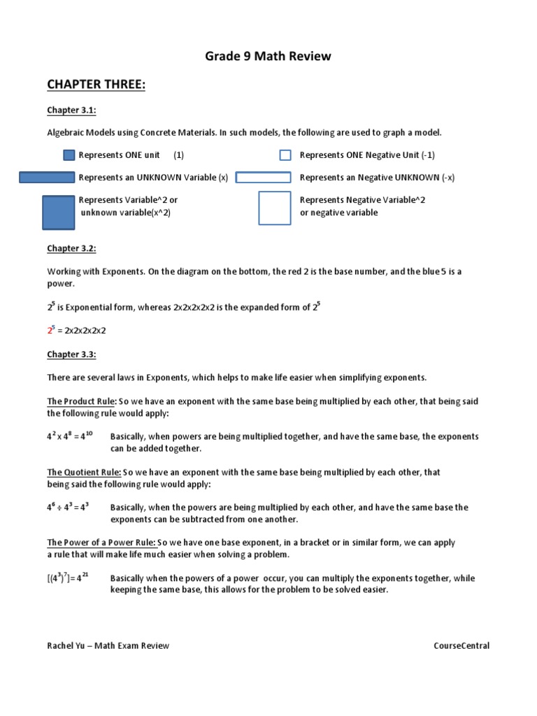 Grade 9 Math Review Chapter Three | PDF | Polynomial | Exponentiation