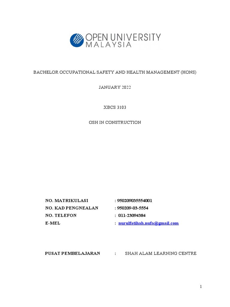 XBCS 3103 - Assigment OSH in Construction | PDF