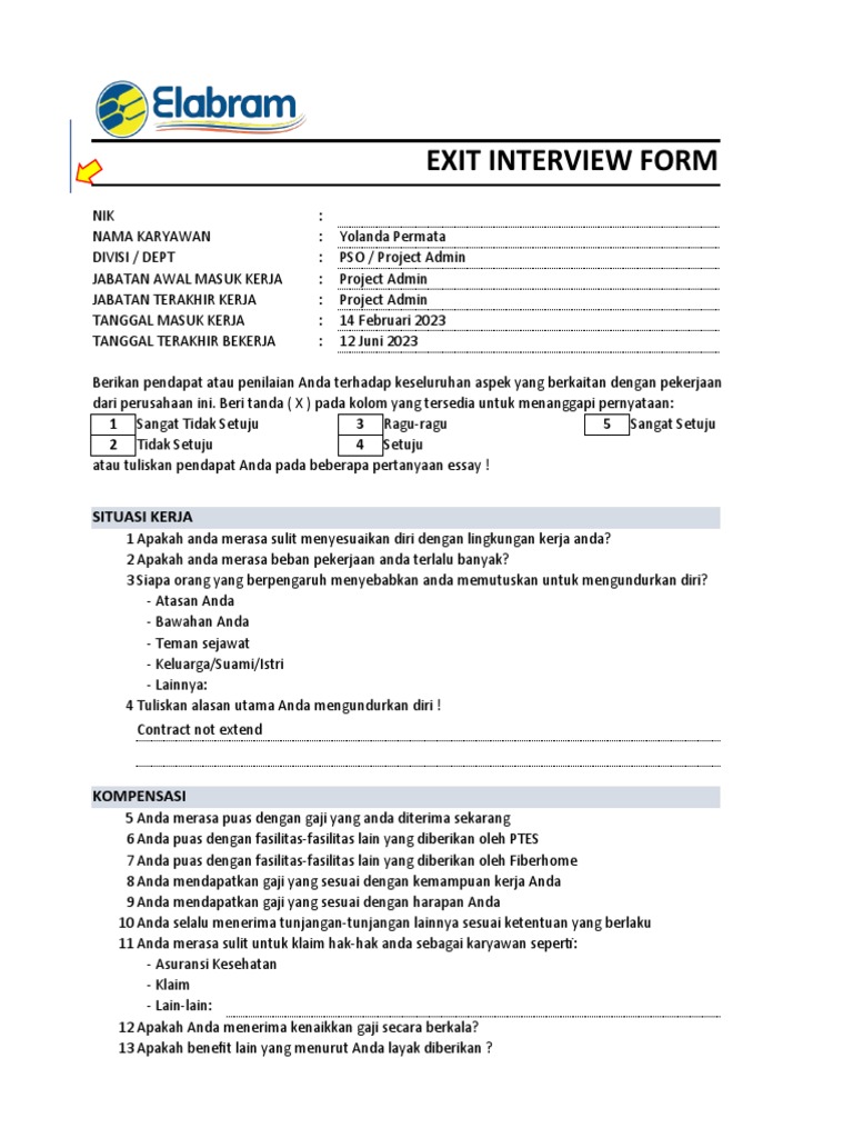 Exit Interview Form - Yolanda Permata Fiberhome | PDF
