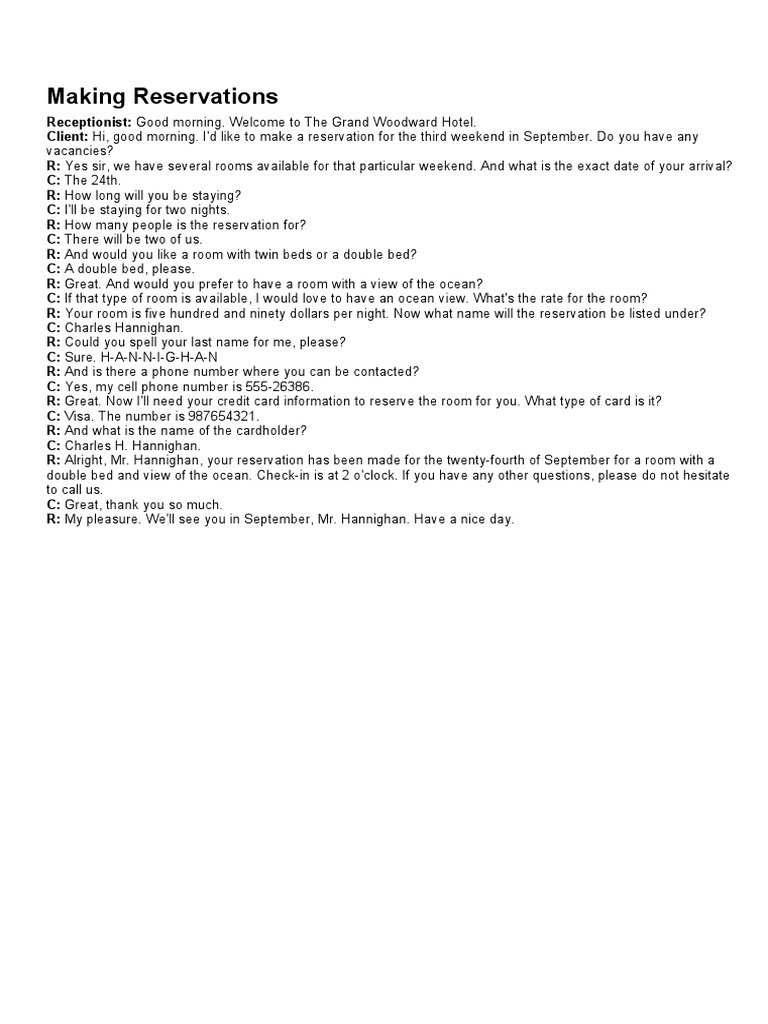 ТЕМА Hotel. Making Reservations.Wood-ward | PDF | Hospitality Industry