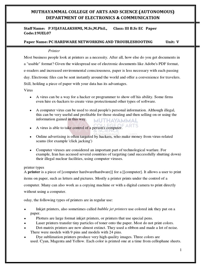Unit - 5 PC | Download Free PDF | Printer (Computing) | Computer Virus