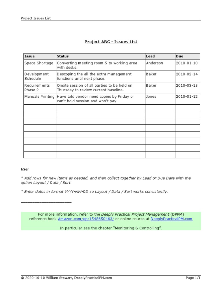 Project Issues List - Template | PDF