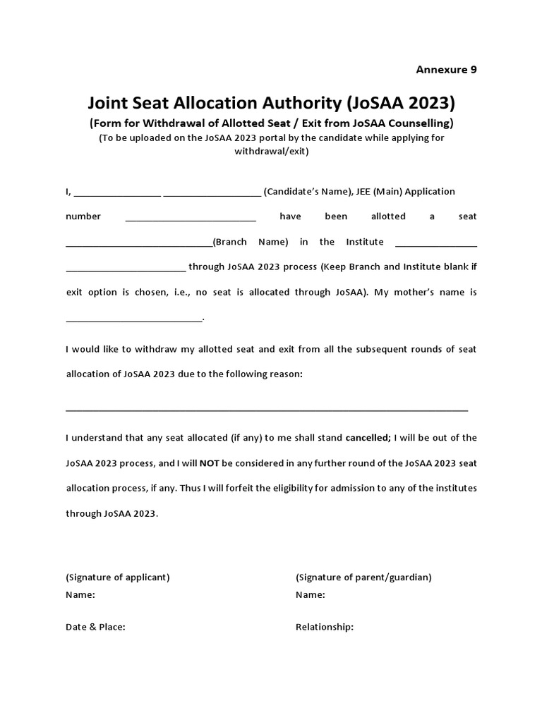 Joint Seat Allocation Authority (Josaa 2023) : Annexure 9 | PDF