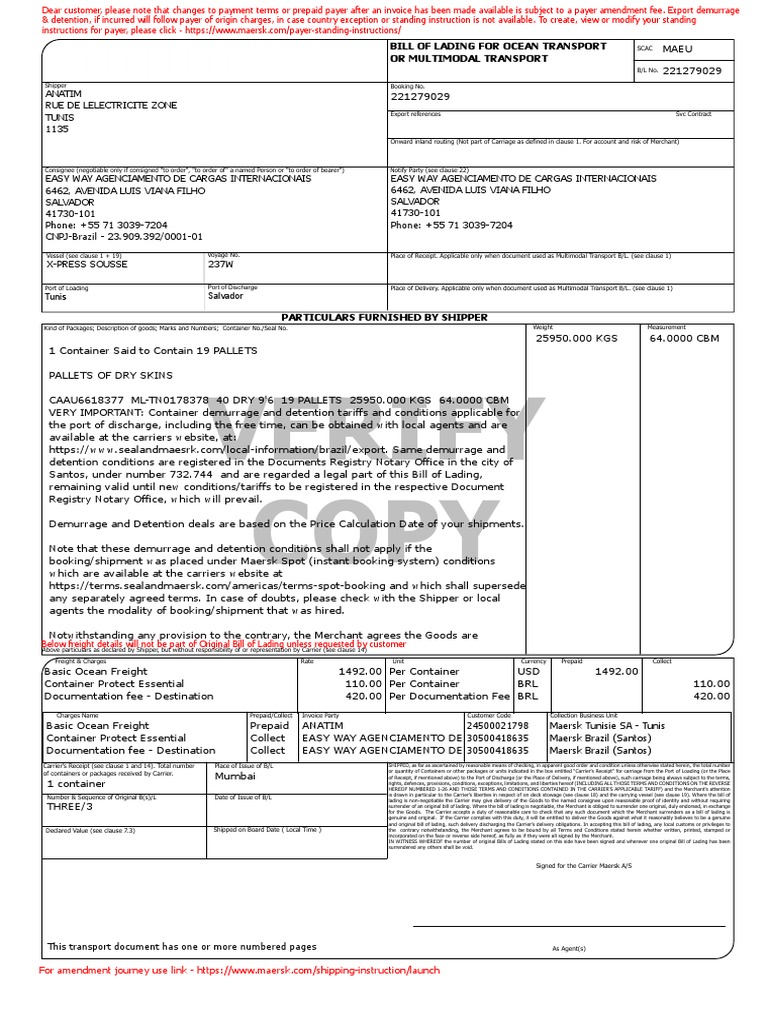 Verify Copy: Bill of Lading For Ocean Transport or Multimodal Transport ...