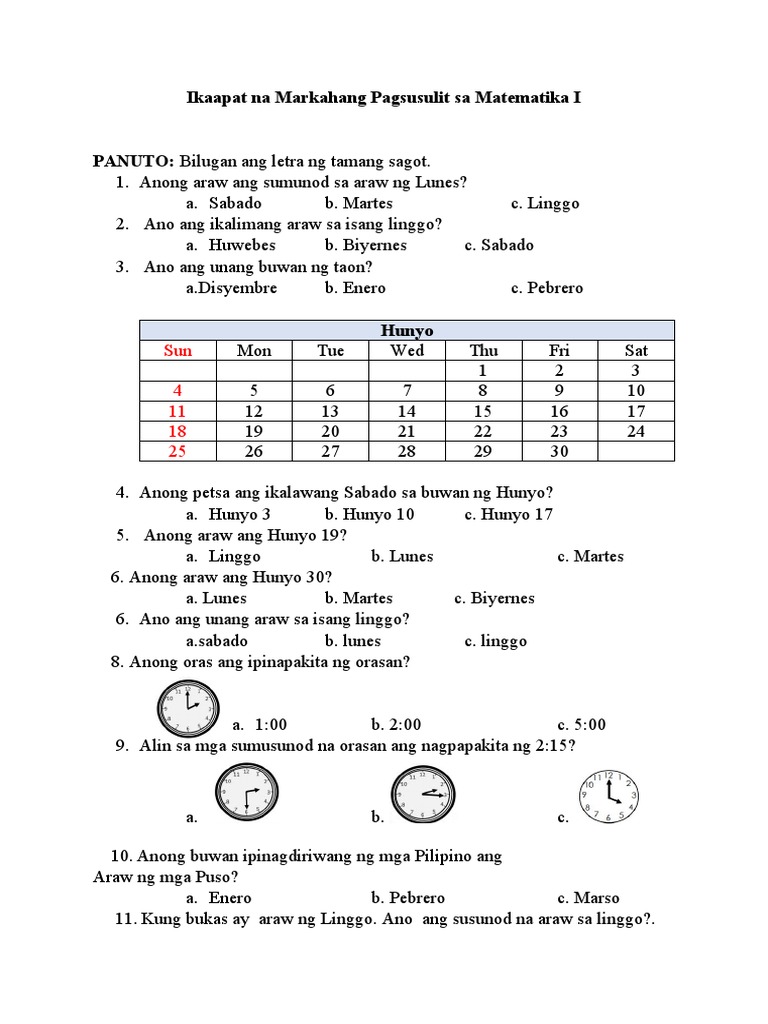 Ikaapat Na Markahang Pagsusulit Sa MATH I | PDF
