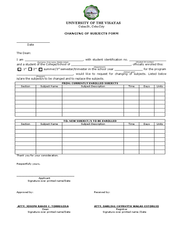 Changing of Subjects Form | PDF | Privacy | Information