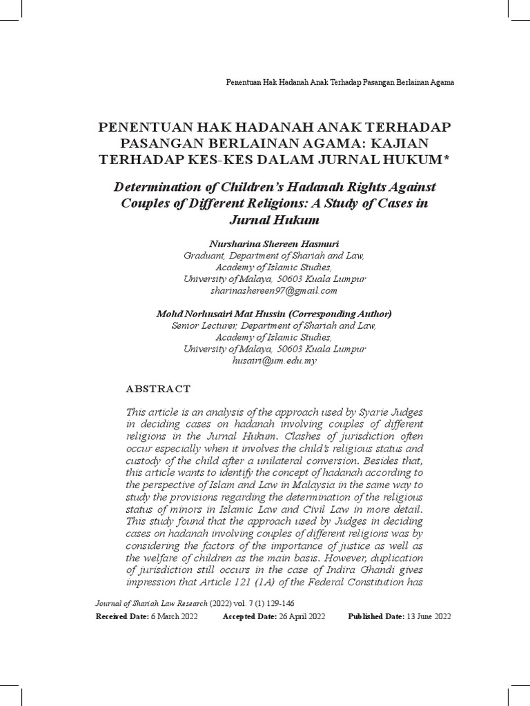 Penentuan Hak Hadanah Anak Terhadap Pasangan Berlainan Agama: Kajian ...