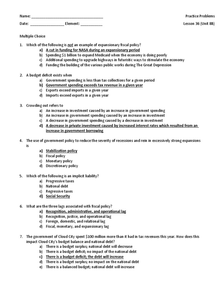 Lesson 36 (Unit 8b) Practice | PDF | Government Budget Balance | Fiscal Policy