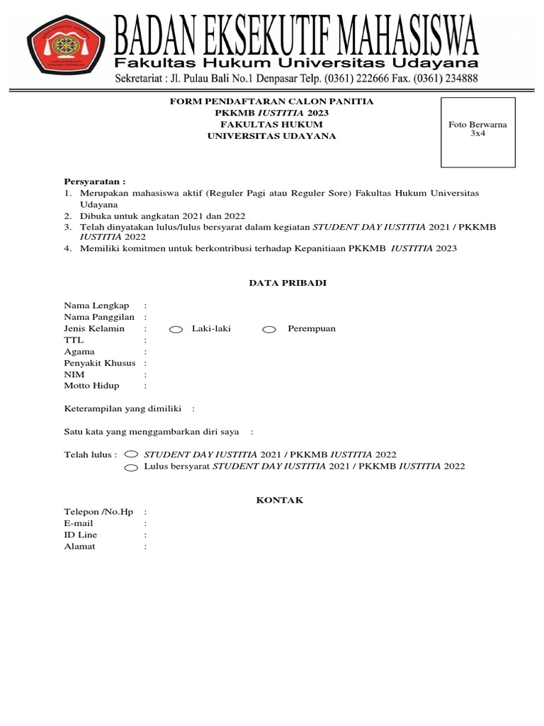 Form Pendaftaran Kepanitiaan PKKMB Iustitia 2023 | PDF